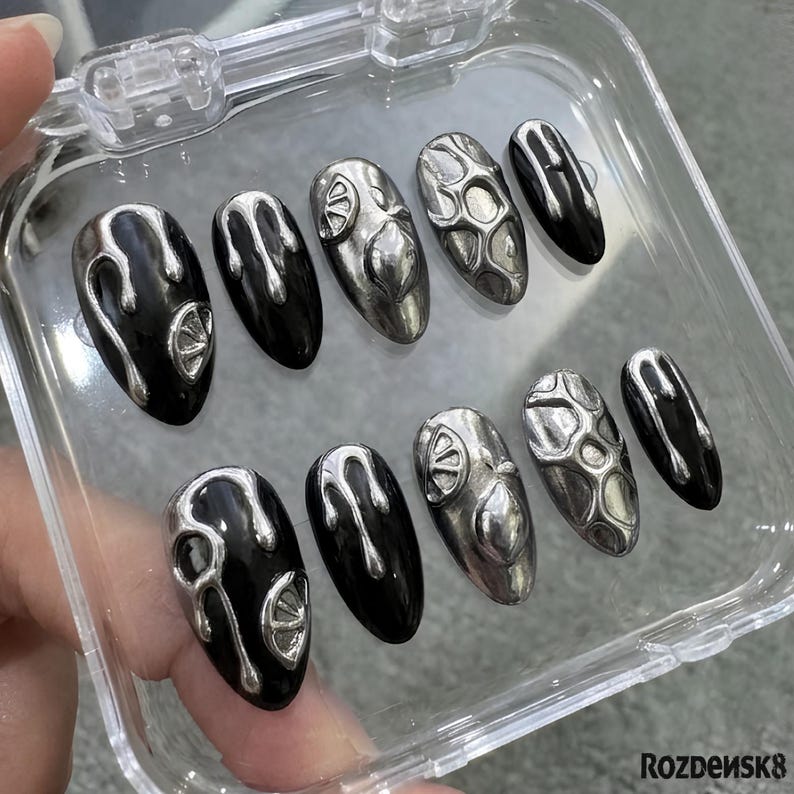 Liquid Metal Press on Nails: Y2K Cyber Chrome Lemon, Black Silver 3D ...