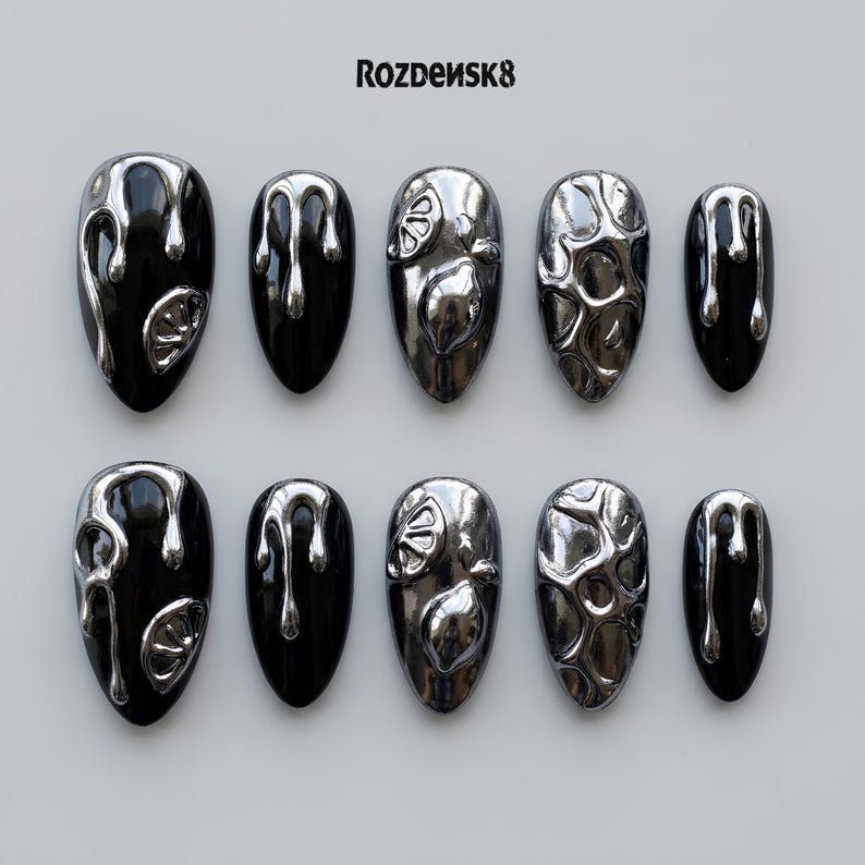 Liquid Metal Press on Nails: Y2K Cyber Chrome Lemon, Black Silver 3D ...