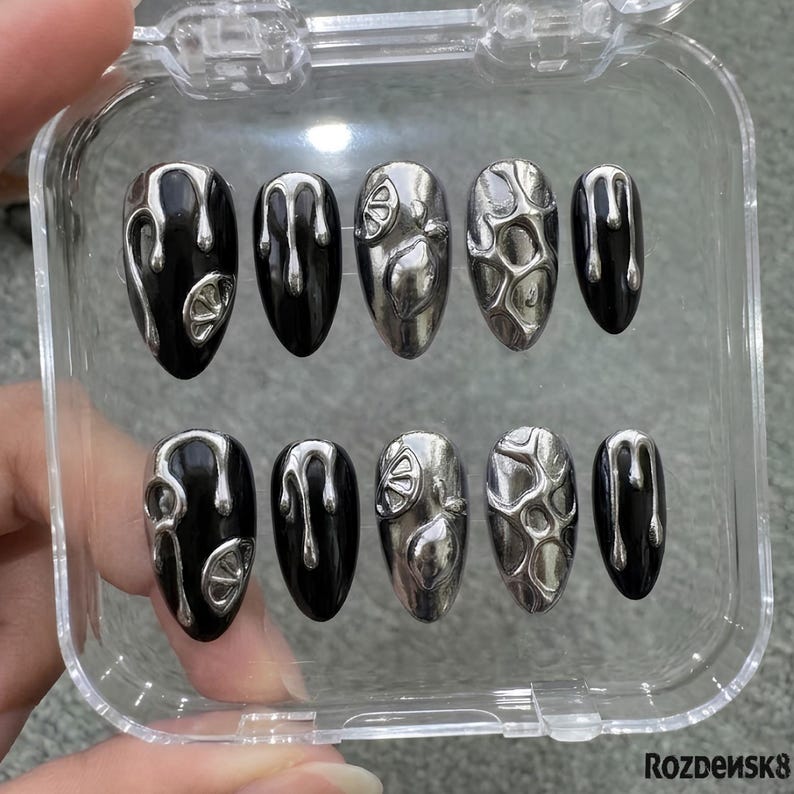 Liquid Metal Press on Nails: Y2K Cyber Chrome Lemon, Black Silver 3D ...