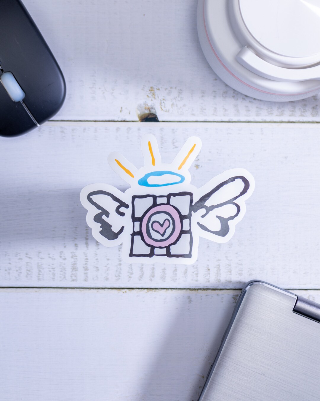 Winged Companion Cube Color Sticker. Laptop, Journal, Notepad Stickers ...
