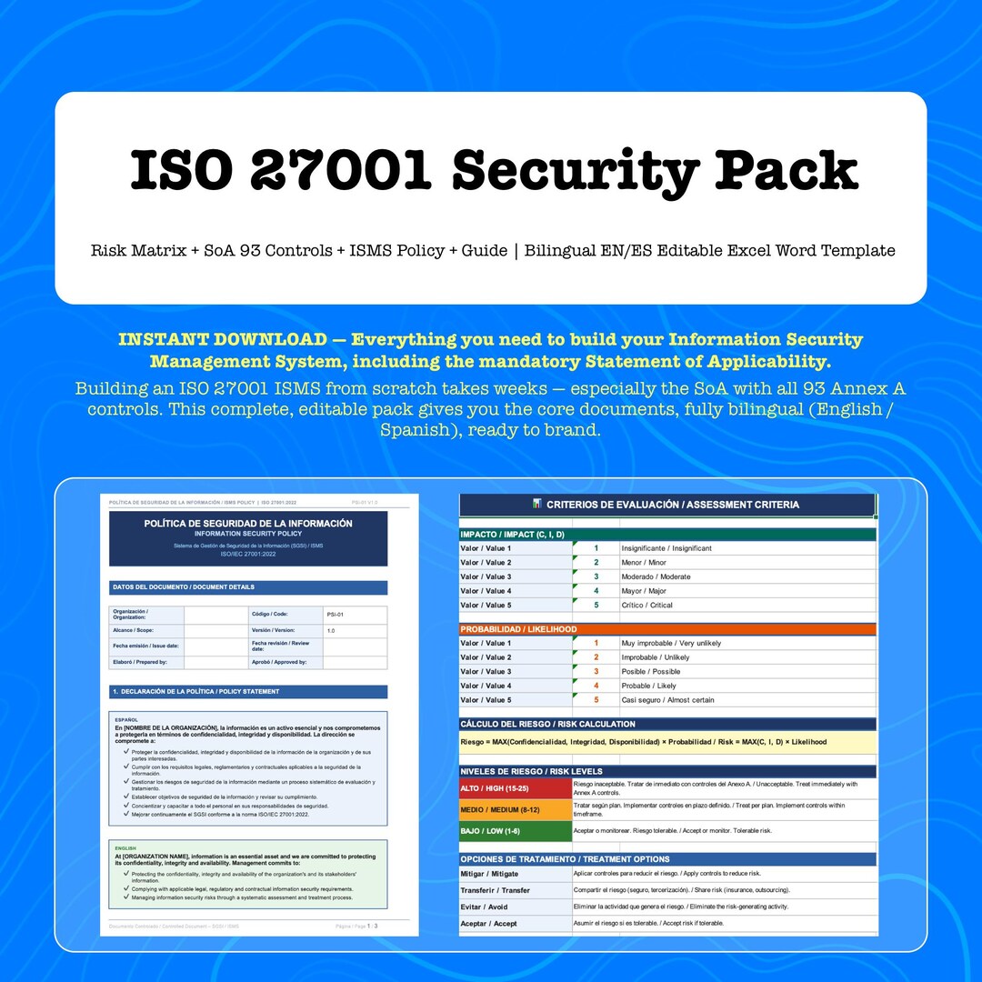 ISO 27001 Security Pack | Risk Matrix + Soa 93 Controls + ISMS Policy ...