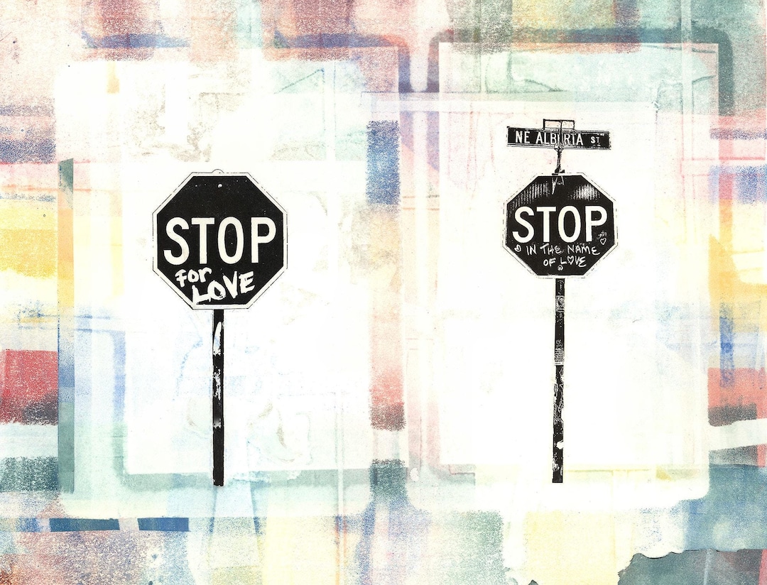 Stop Sign Art Print – Portland Pacific Northwest Monotype Collage - Etsy
