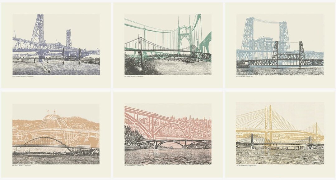 Portland Oregon Bridges -- Color Bridge Art Prints -- 8.5x11 - Etsy