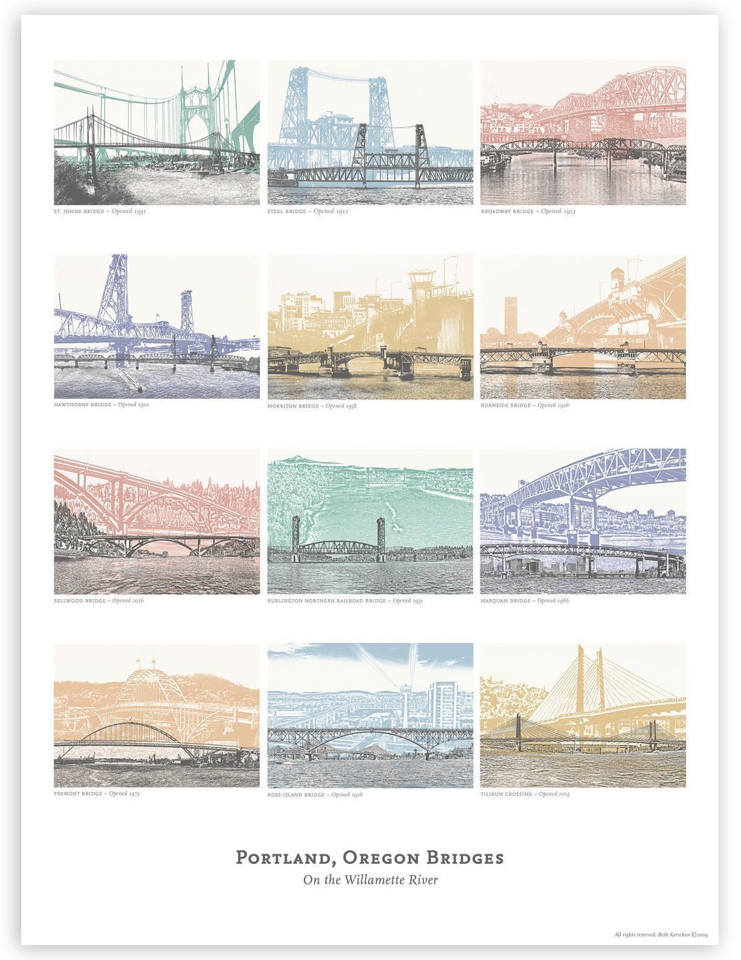 Portland, Oregon Bridge Poster - White Paper - 12 Willamette River ...