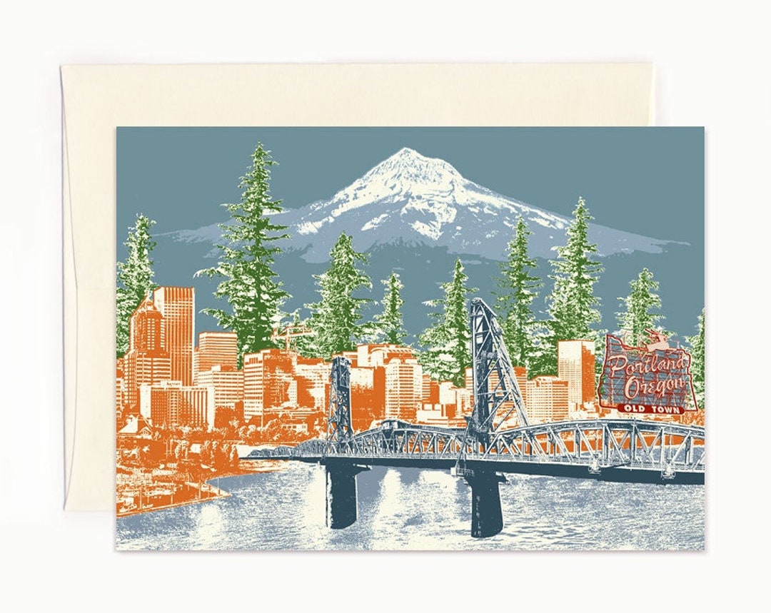 Portland Oregon Notecard -- Watching Over Portland -- Folded Greeting ...