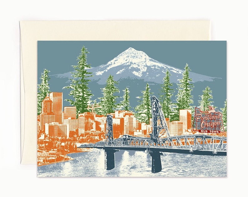Portland Oregon Notecard -- Watching Over Portland -- Folded Greeting ...
