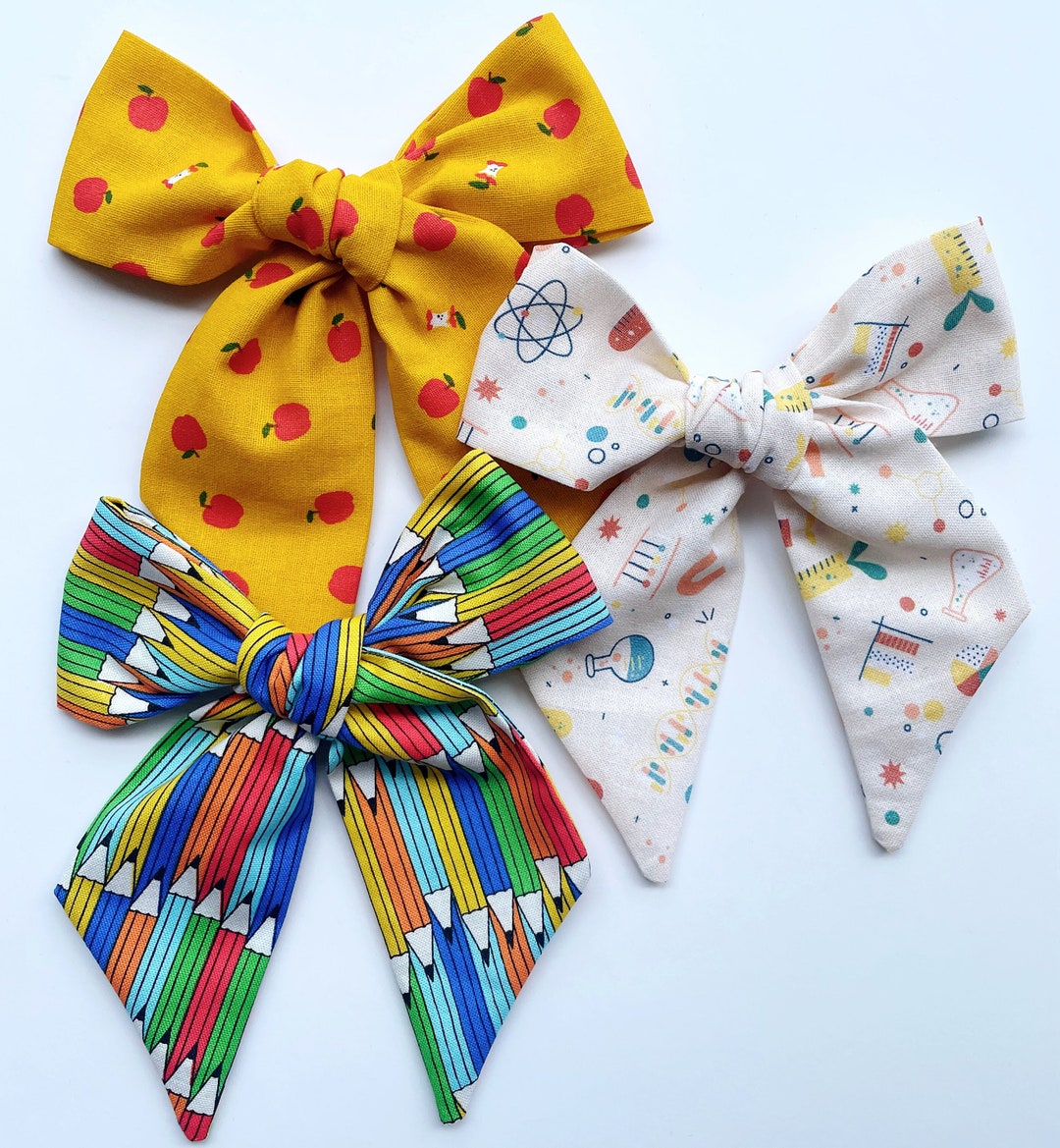 Back to School Hair Bow Set, Pencil Apple Science Cotton Bow, School ...