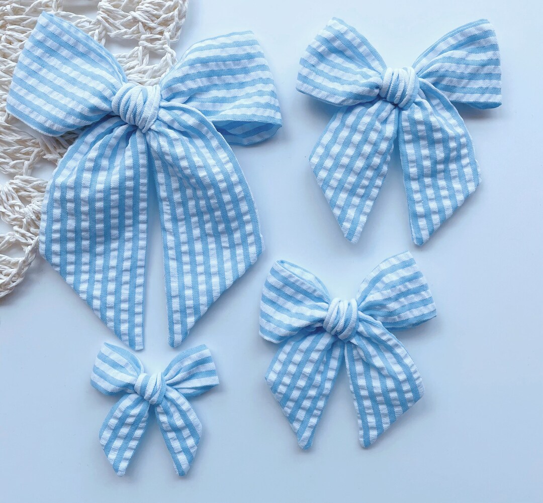 Blue Easter Stripe Bow, Spring Blue Seersucker Bow, Easter Bunny Blue ...