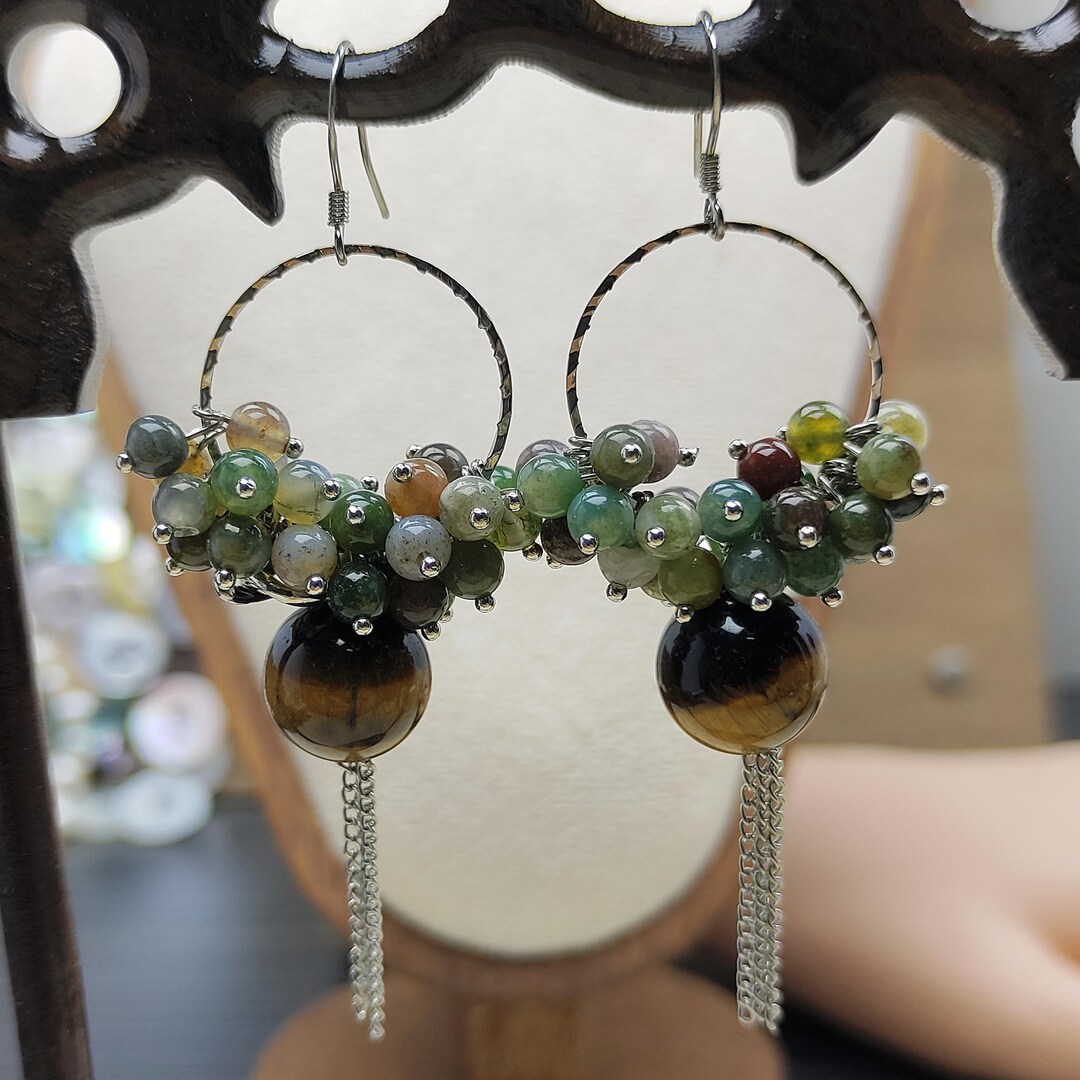 Design Style Agate With Yellow Tiger Eye's Stone Beads Dangle Earrings ...
