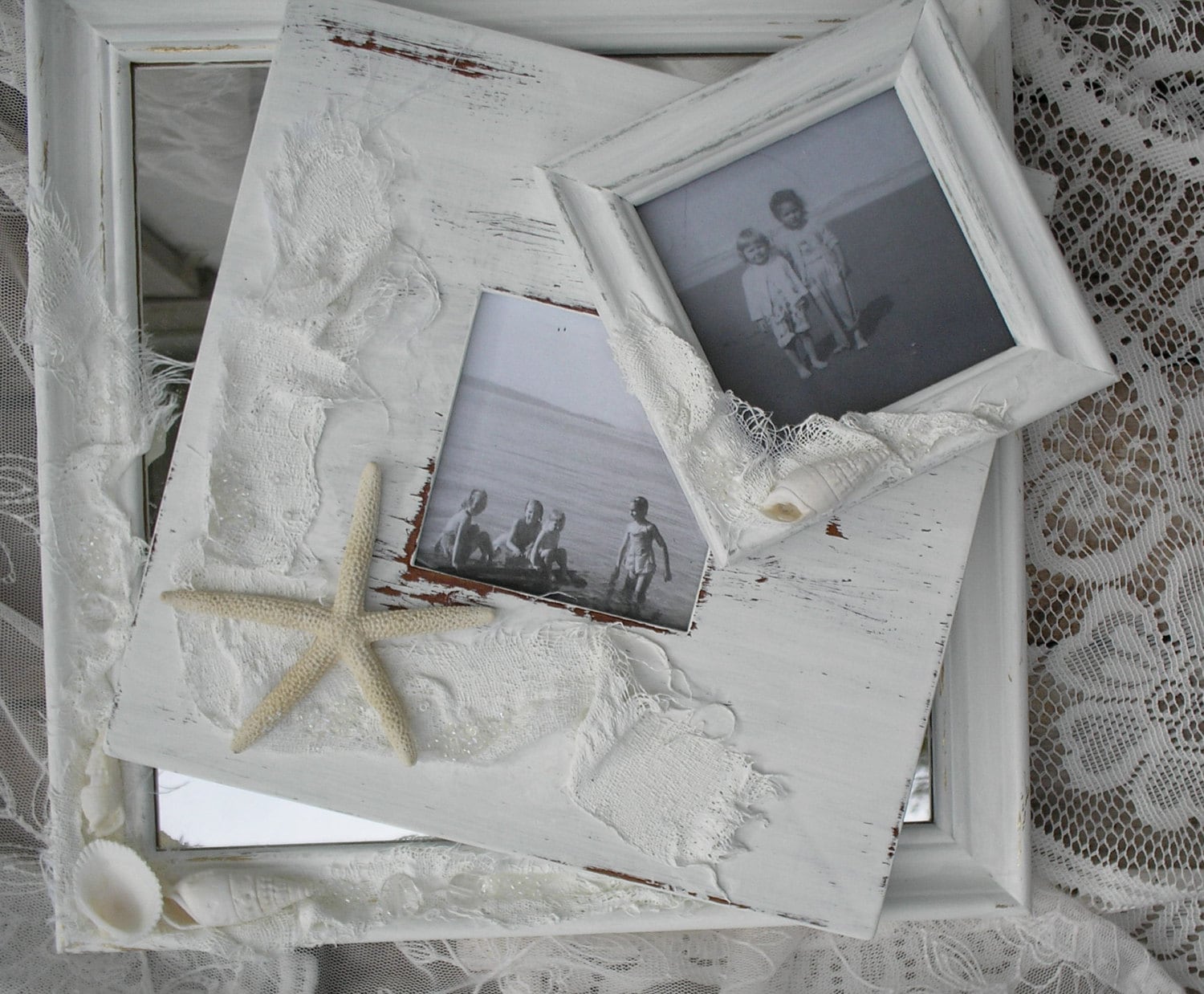 White Beach Cottage Frame Set / 2 Frames and Mirror Set / / Shabby Chic ...