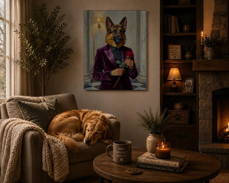 German Shepherd Mafia Portrait | Vintage Pet Wall Art, Marble Parlor - Etsy