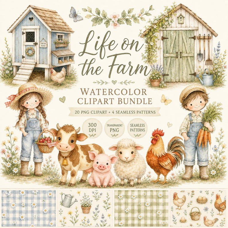 Watercolor Farm Clipart Bundle, Farm Animals, Cottage Nursery Art ...
