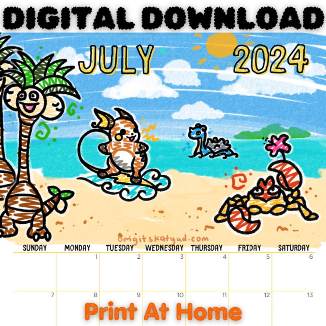 Doodle Pokemon July 2024 Calendar Downloadable Printable Widget ...