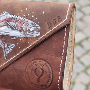 Personalized Leather Fly Fishing Wallet With Sheep Skin- Trout Jumping ...