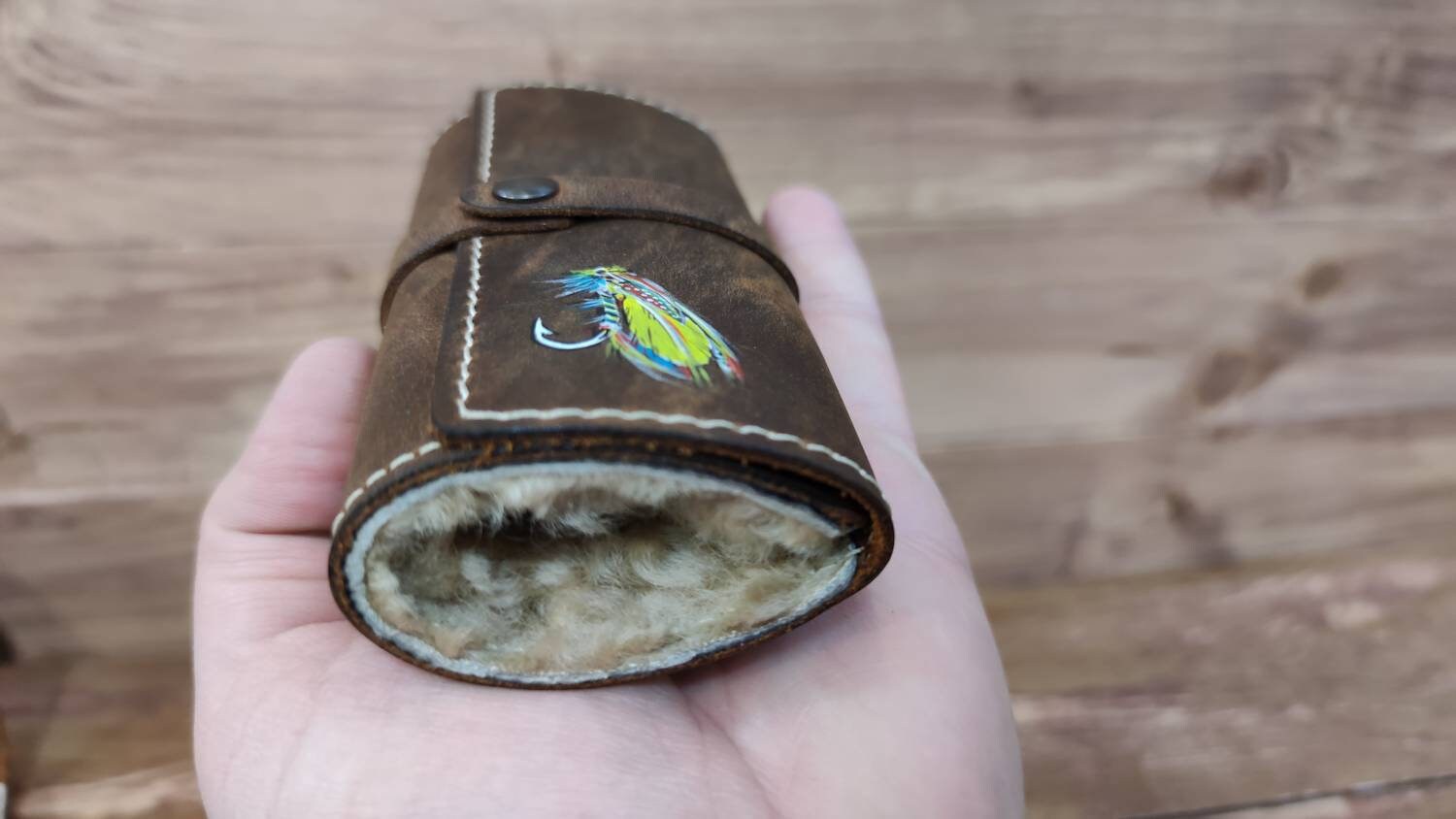 Personalized Leather Fly Fishing Wallet with Sheep skin | Etsy