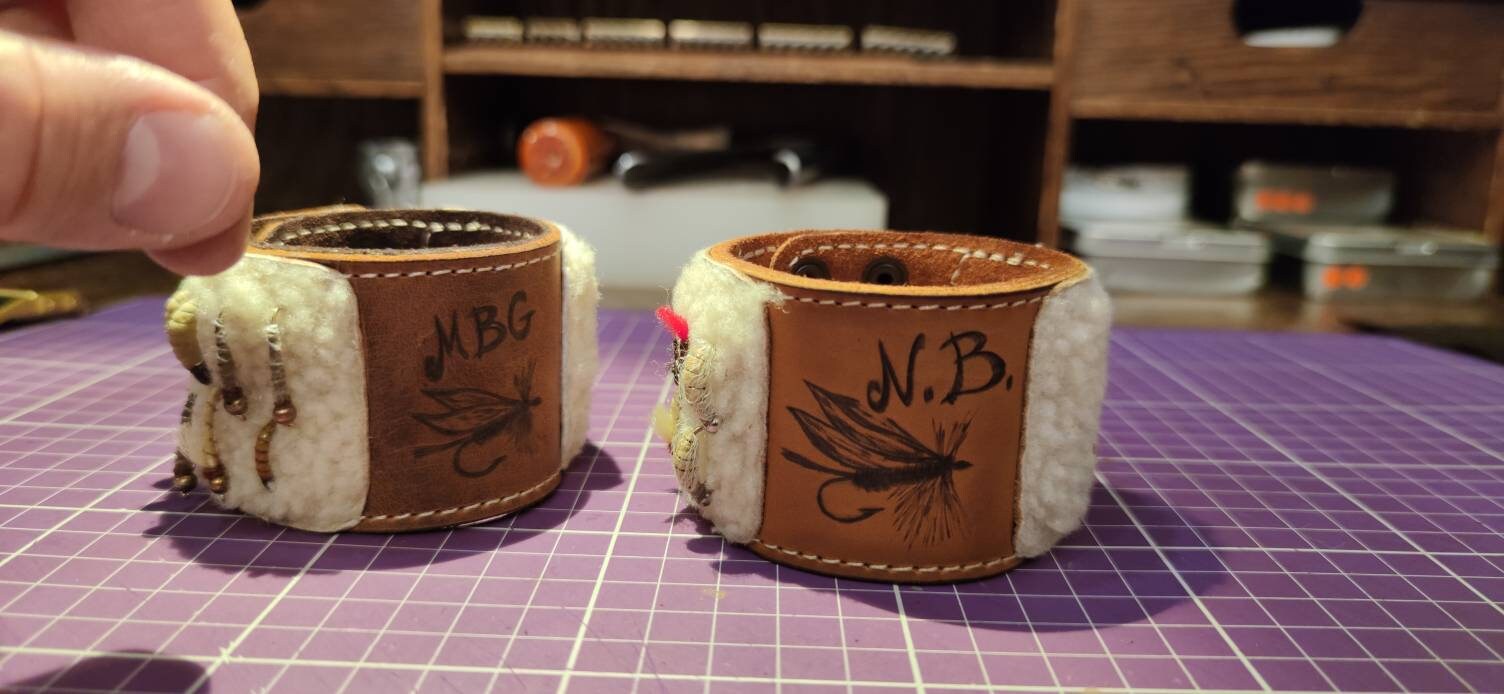 Leather Fly Fishing Cuff With Sheep Skin Personalized With | Etsy