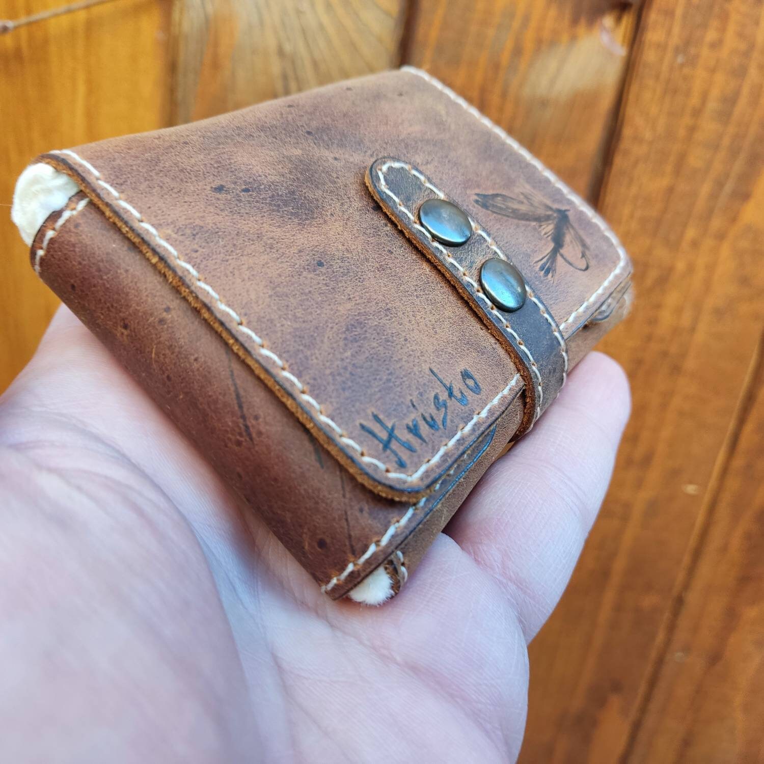 Personalized Leather Fly Fishing Wallet With Sheep Skin | Etsy
