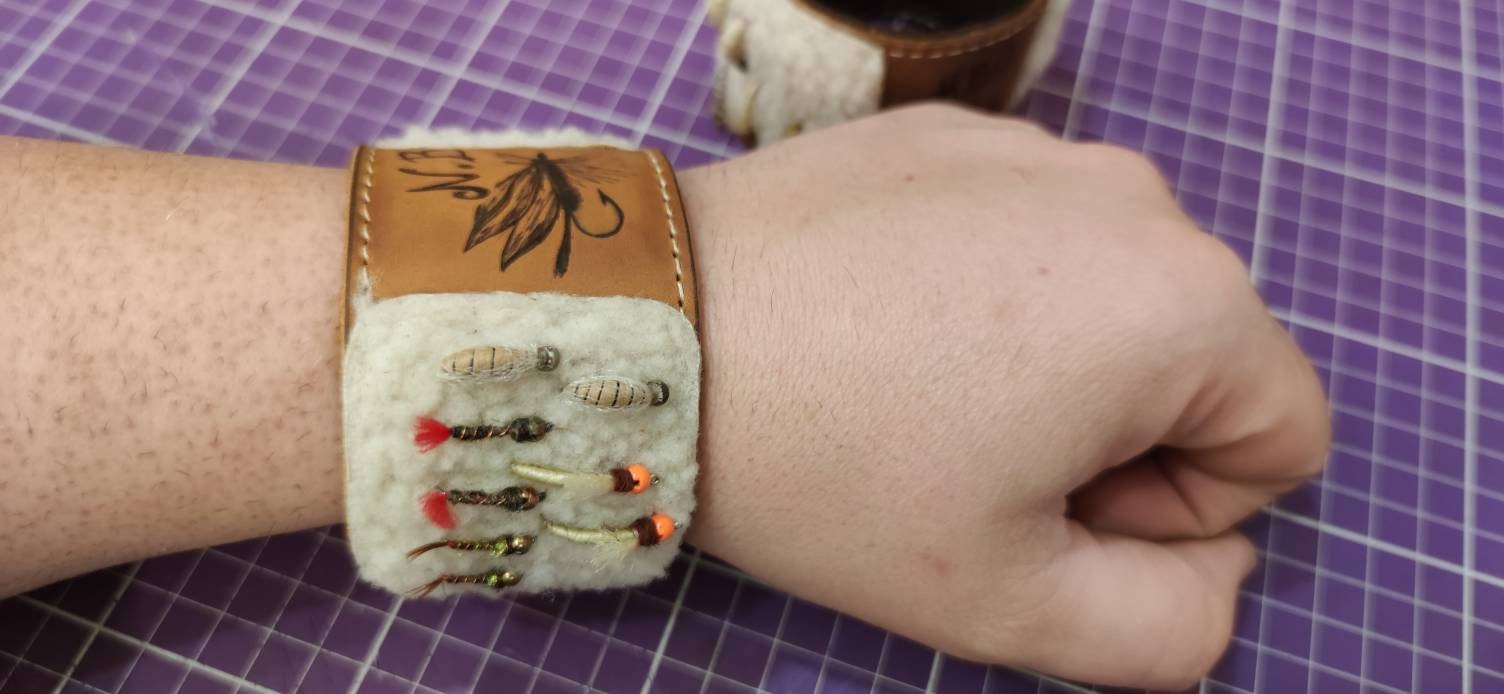 Leather Fly Fishing Cuff With Sheep Skin Personalized With | Etsy