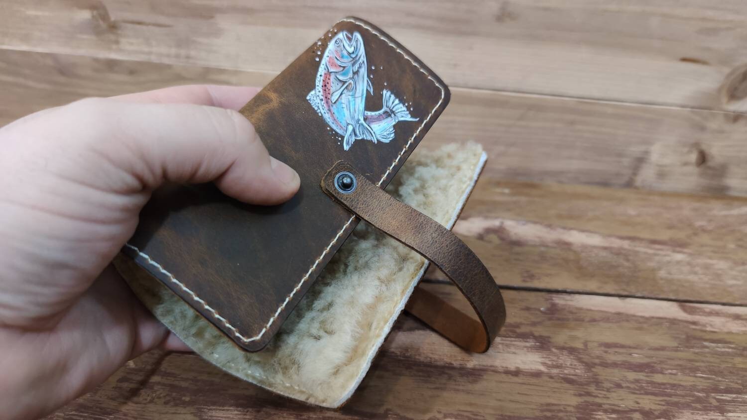 Personalized Leather Fly Fishing Wallet With Sheep Skin Trout | Etsy