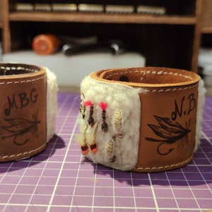 Leather Fly Fishing Cuff With Sheep Skin- Personalized With Pyrography ...