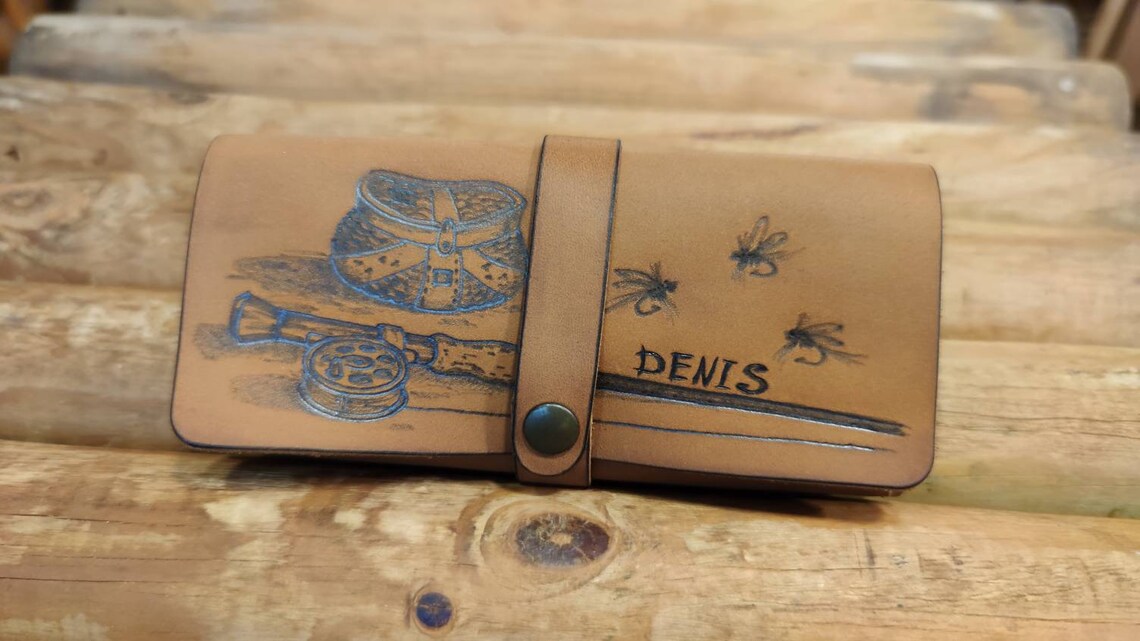 Leather Fly Fishing Wallet Personalized With Pyrography and - Etsy