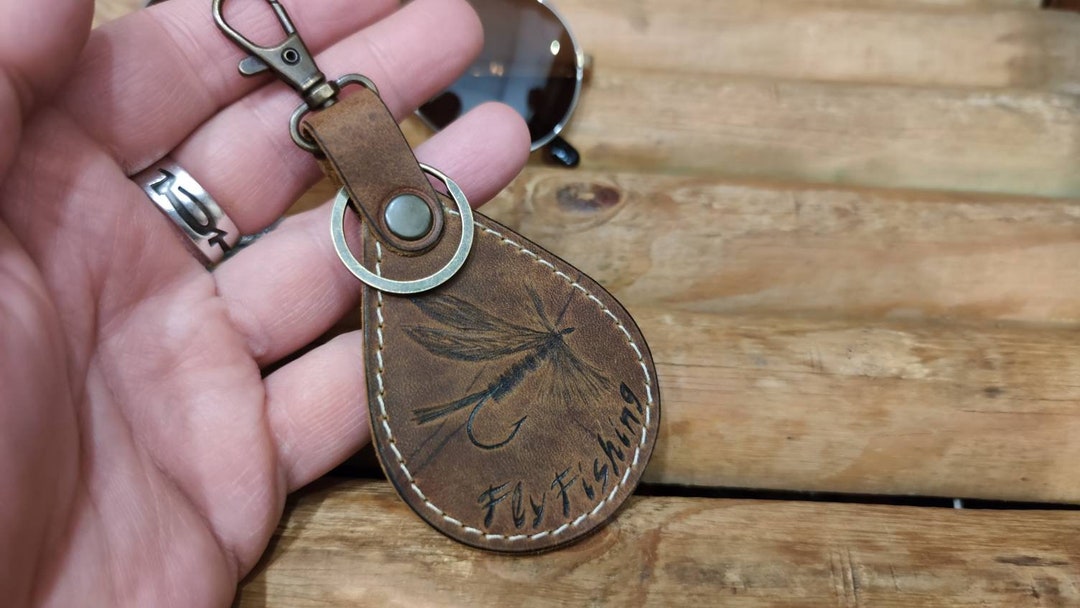 Personalized Leather Fly Fishing Keychain With Pyrography Fly and ...