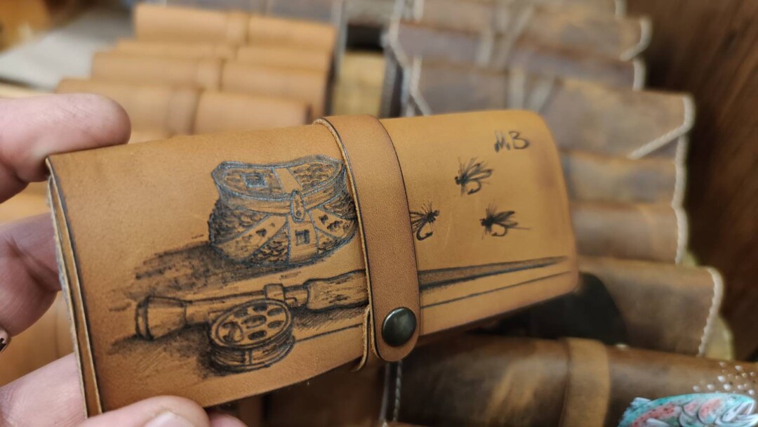 Leather Fly Fishing Wallet Personalized With Pyrography and Initials ...