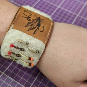 Leather Fly Fishing Cuff With Sheep Skin- Personalized With Pyrography ...