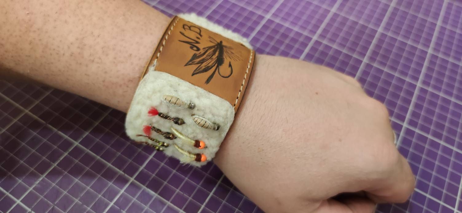 Leather Fly Fishing Cuff With Sheep Skin Personalized With | Etsy