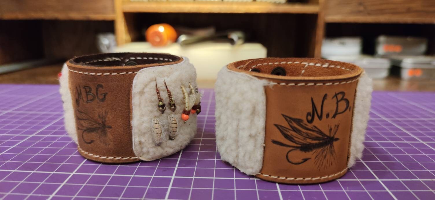 Leather Fly Fishing Cuff With Sheep Skin Personalized With | Etsy