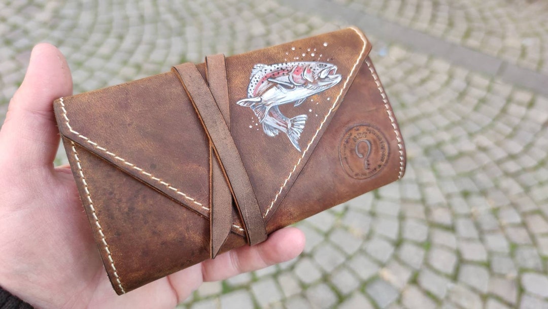 Personalized Leather Fly Fishing Wallet With Sheep Skin- Trout Jumping ...