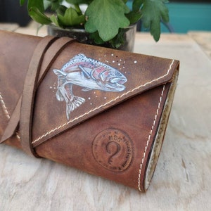 Personalized Leather Fly Fishing Wallet With Sheep Skin- Trout Jumping ...