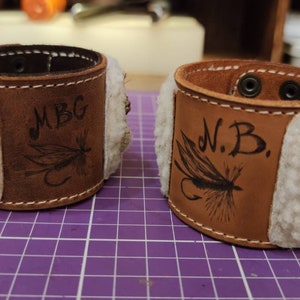 Leather Fly Fishing Cuff With Sheep Skin- Personalized With Pyrography ...