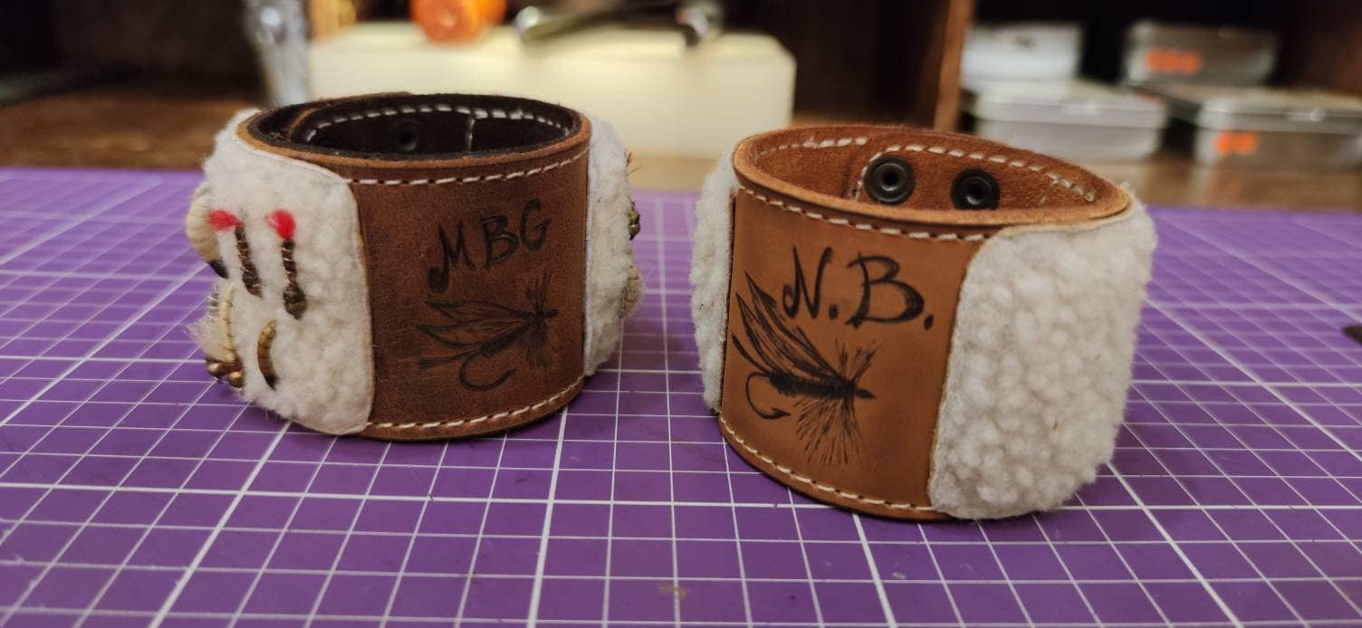 Leather Fly Fishing Cuff With Sheep Skin Personalized With | Etsy