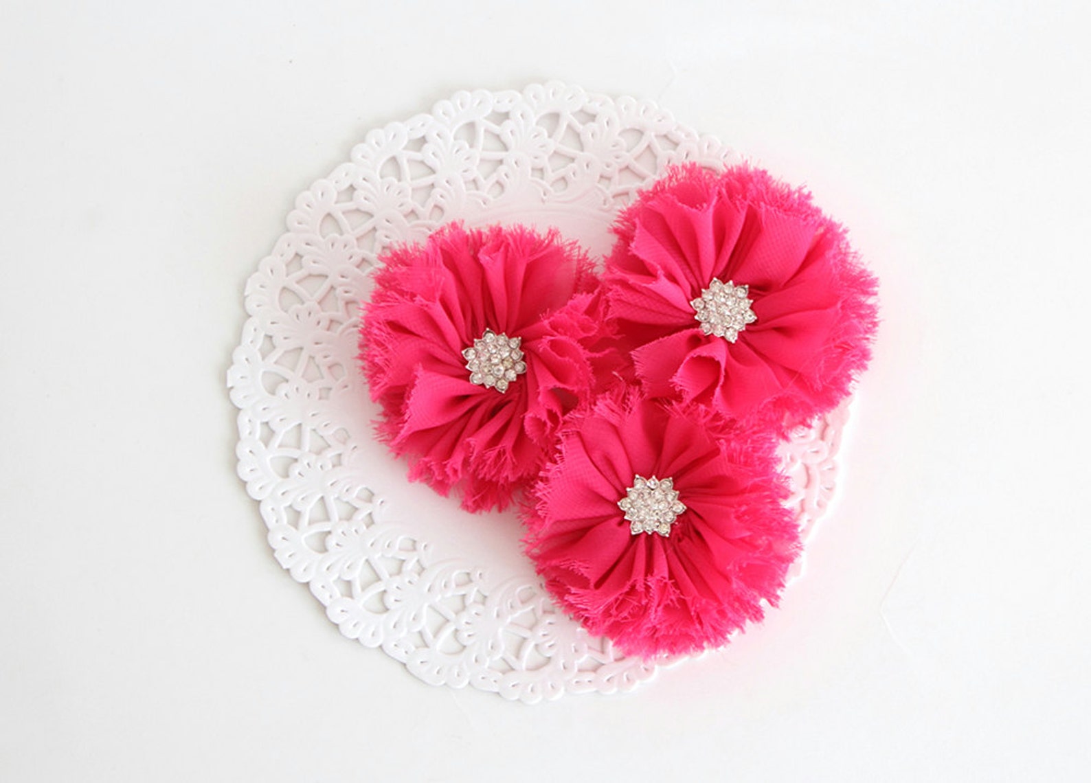 3 Pcs HOT PINK Shabby Flowers With Rhinestone Buttons - Etsy