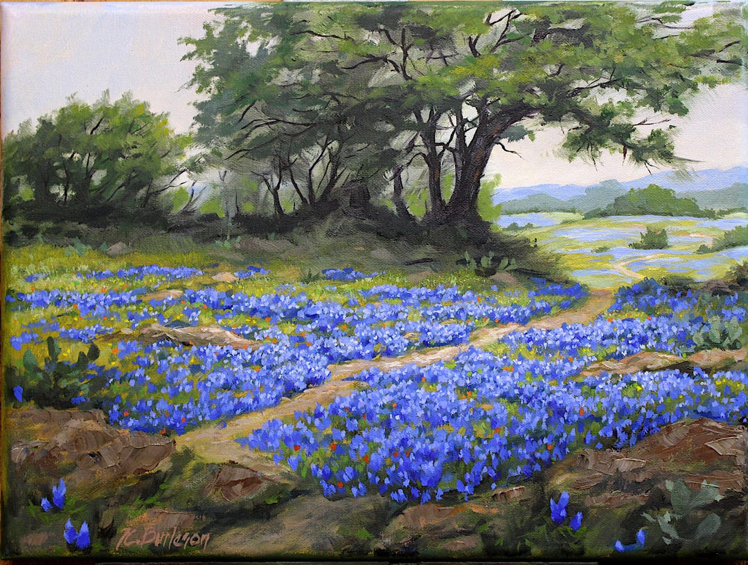 Original Texas Bluebonnet Oil Painting path Through Bluebonnets for Home, Bedroom or Office Wall ...