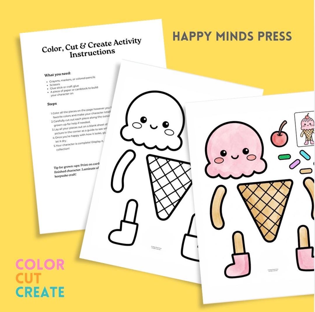 Kawaii Ice Cream Cone Craft Activity | Color Cut Glue Printable ...