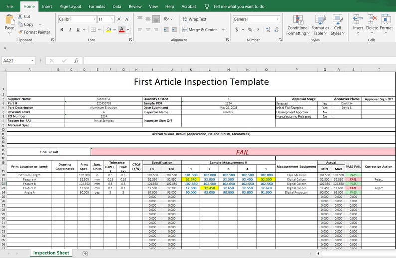 First Article Inspection (FAI) Excel Template | Interactive ...