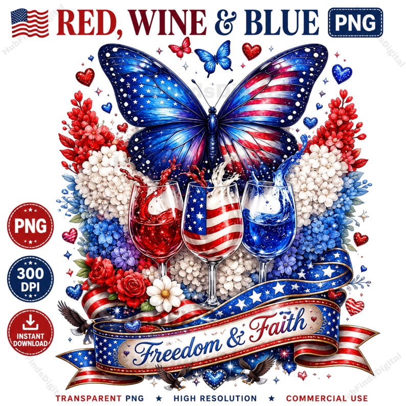 Patriotic Butterfly PNG, Red Wine Blue Sublimation, Freedom Faith ...