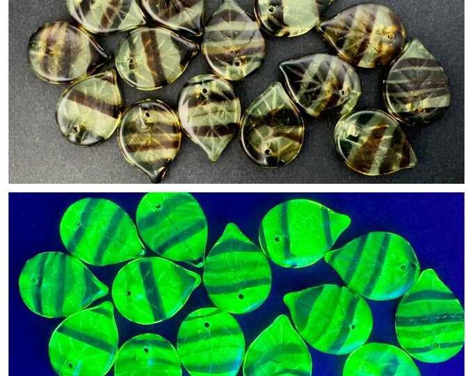 Uranium UV Glow Glass Vintage Leaves Glass Beads - Made in ...
