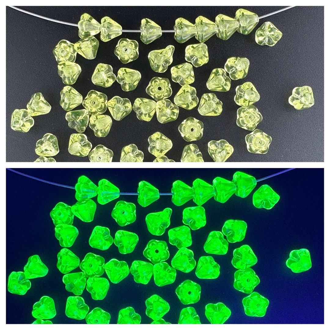 Mini Bellflower Uranium UV Glow Glass Beads!!! Made in Czech Republic ...