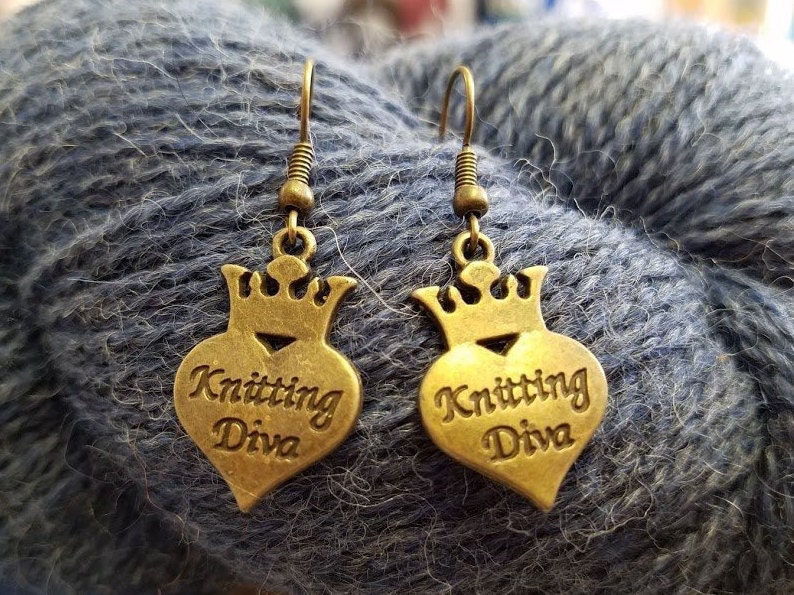 Knitting Earrings Bronze Knitting Diva Charms | Etsy