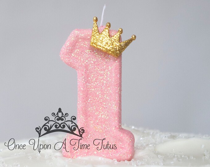 Princess Birthday Candle Pink Glitter Candle Gold Tiara - Etsy