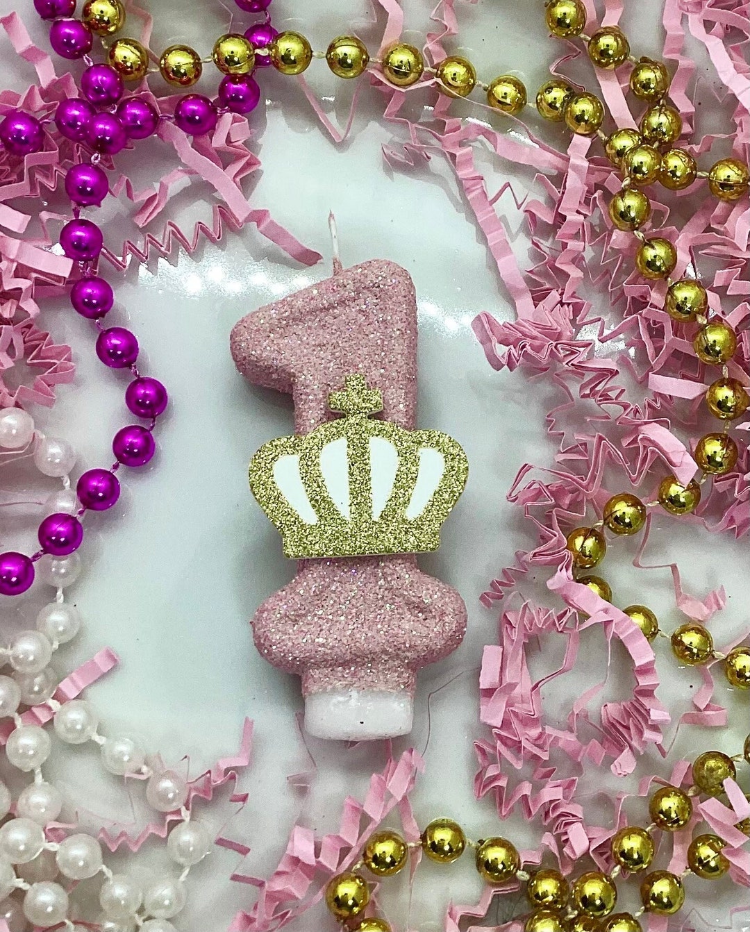 Princess Birthday Candle, Pink Glitter Candle, Gold Tiara, Crown, Party ...