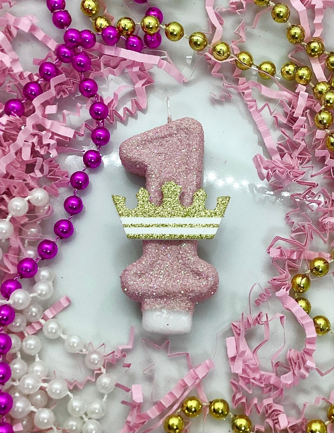 Princess Birthday Candle, Pink Glitter Candle, Gold Tiara, Crown, Party ...