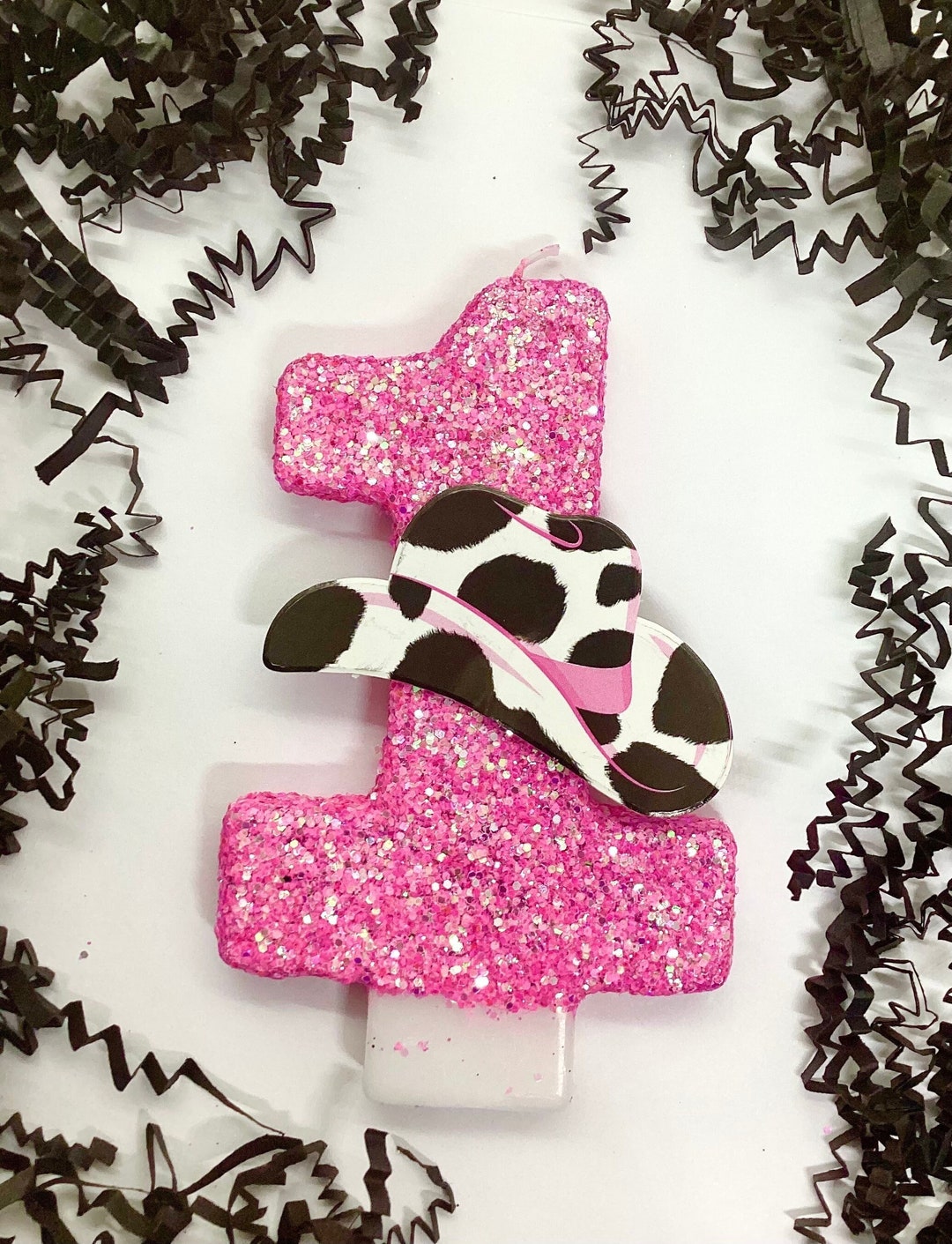 Cowboy Hat Birthday Candle, Western Preppy Party Decor, Bright Pink Glitter, One Sparkly Number ...