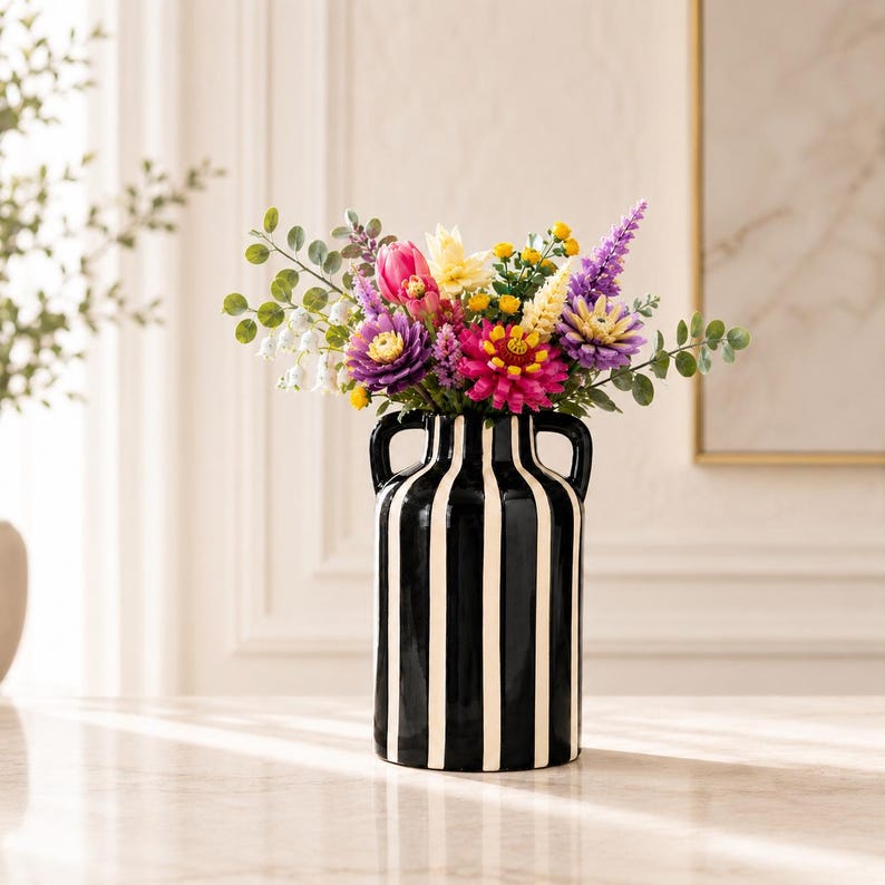 Striped Ceramic Vase With Handles, Modern Farmhouse Flower Decor - Etsy