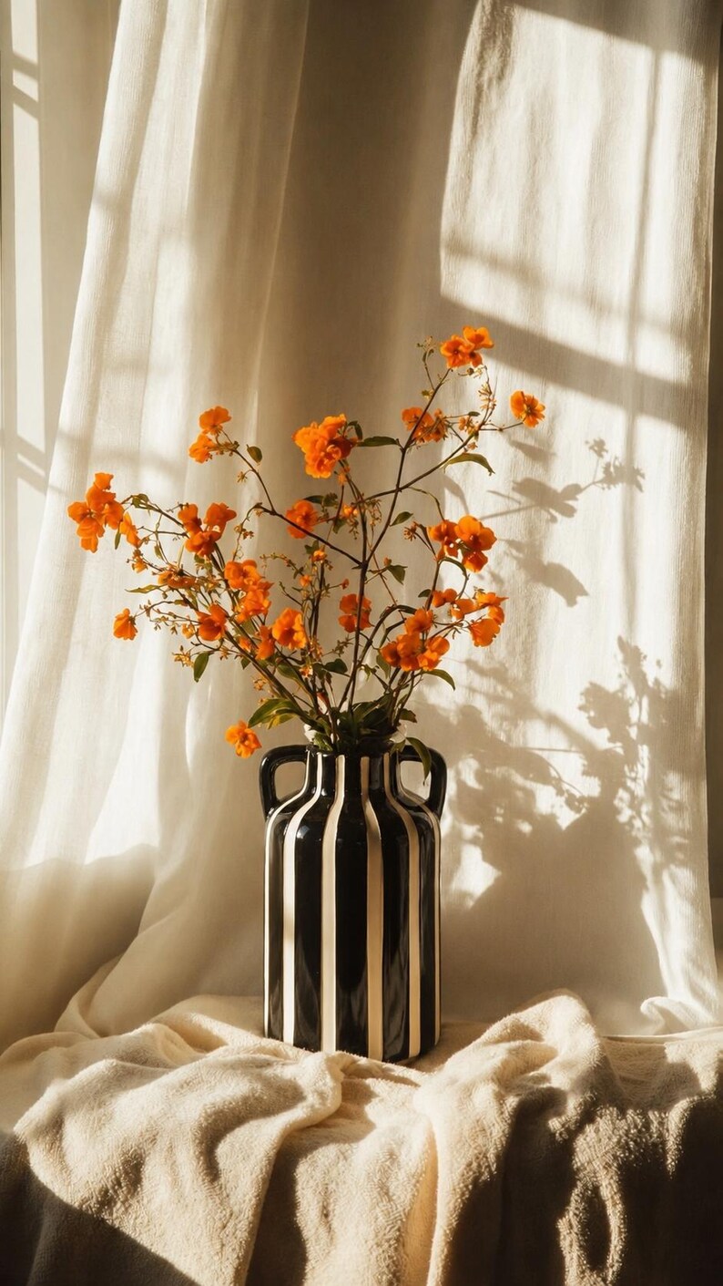 Striped Ceramic Vase With Handles, Modern Farmhouse Flower Decor - Etsy