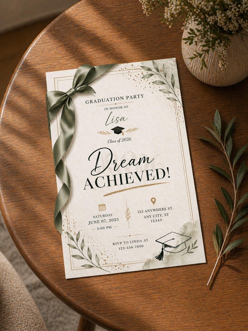 Graduation 2026 Invitation Canva Template | Botanical Green 5x7 Invite ...