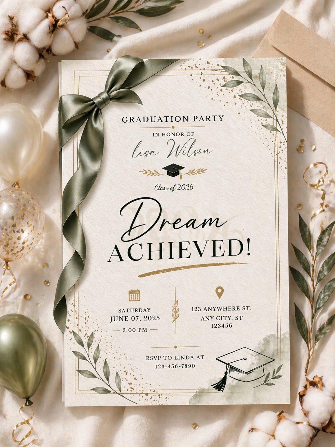 Graduation 2026 Invitation Canva Template | Botanical Green 5x7 Invite ...